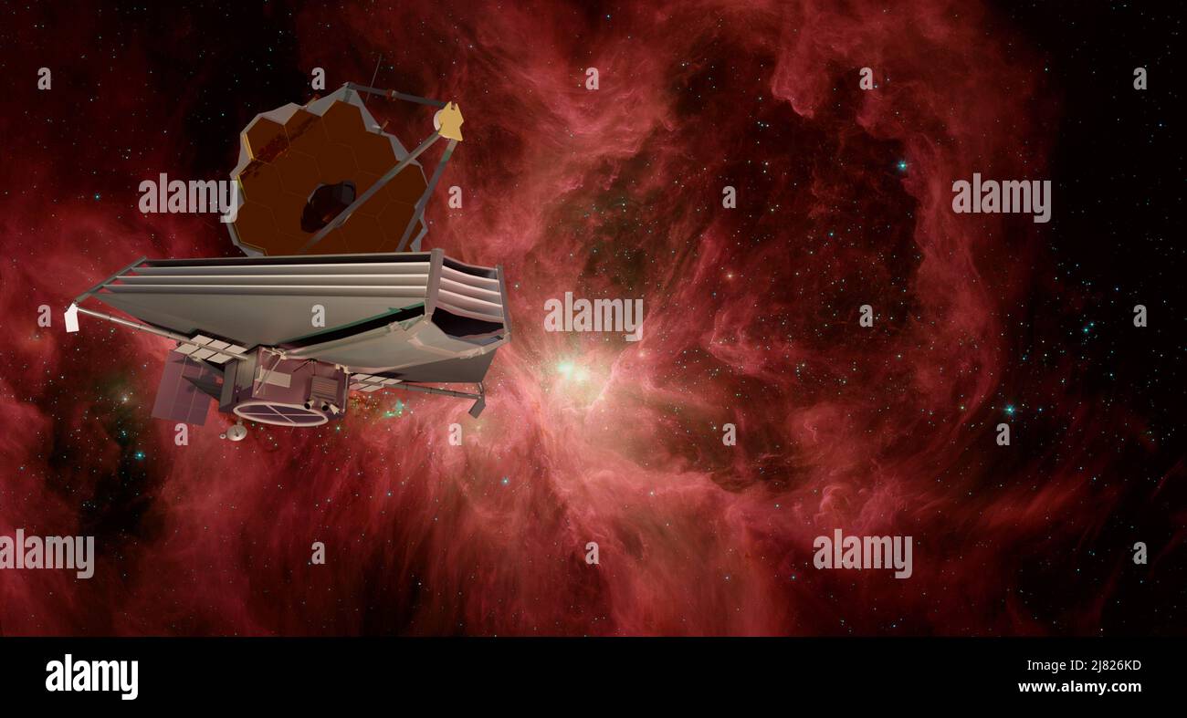James Webb telescope in outer space on orbit of Earth. Planet surface ...