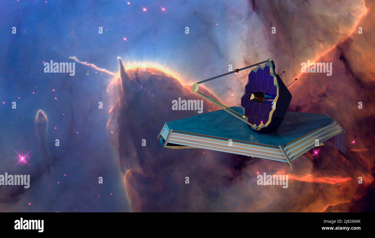 James Webb telescope in outer space on orbit of Earth. Planet surface ...