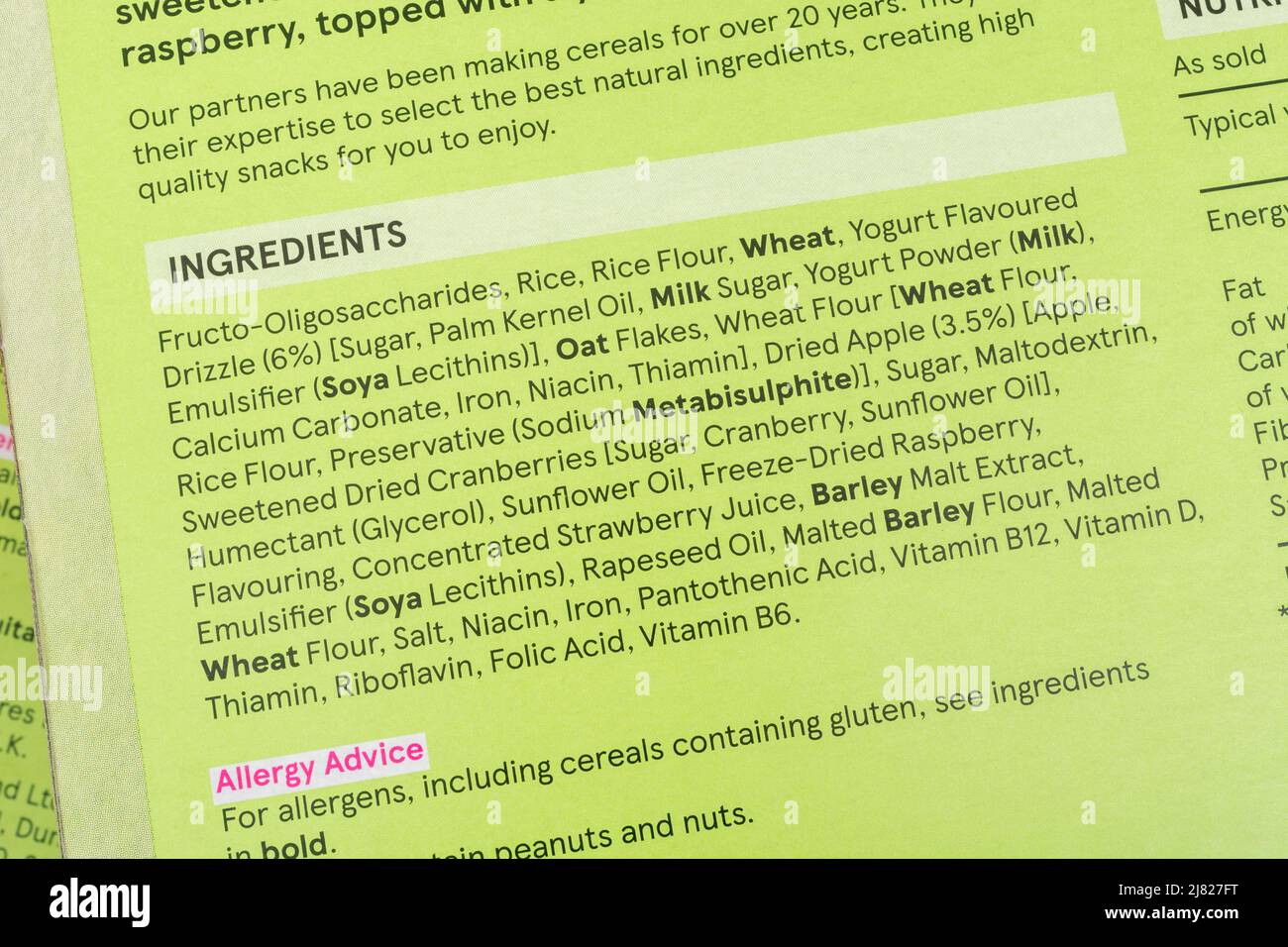 Close-up shot food nutrition / dietary label on packet of Tesco own ...