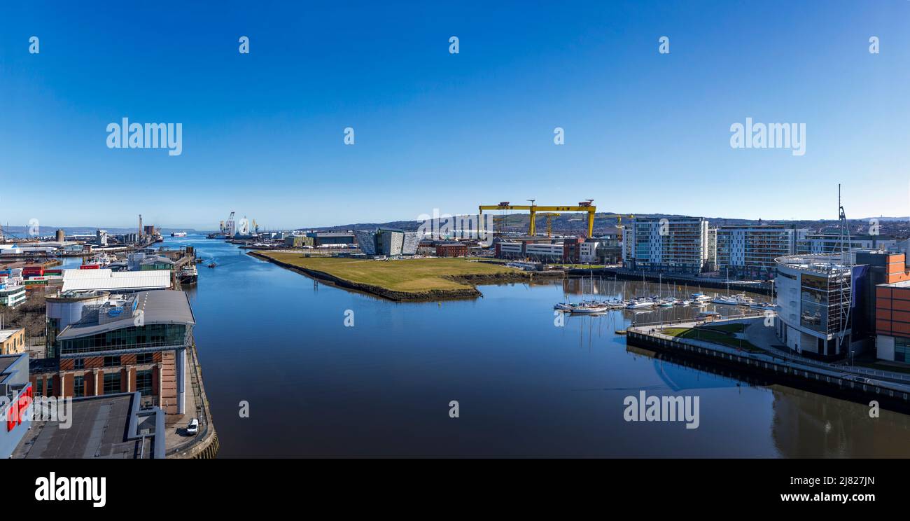 View over Belfast harbour and Titanic Quarter, River Lagan, Northern ...