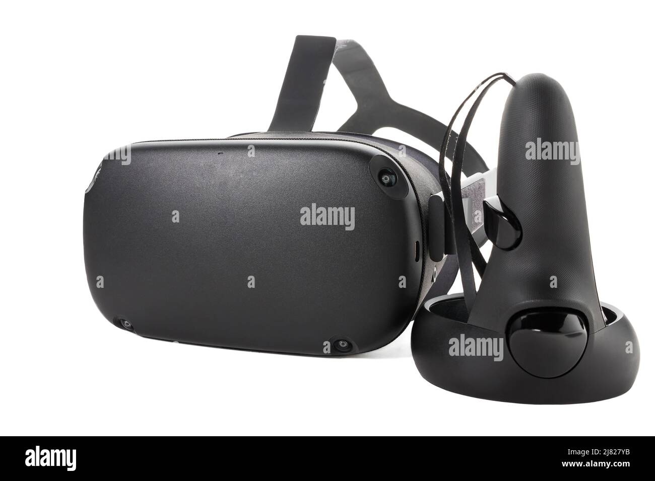 Close-up of joystick and VR helmet isolated on white background ...