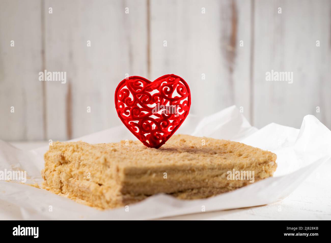 Cake with a red heart. Vegetarian napoleon cake with valentine's day ...