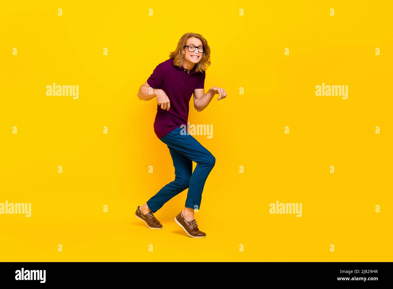 Full size portrait of positive cheerful person sneaky walking toothy ...