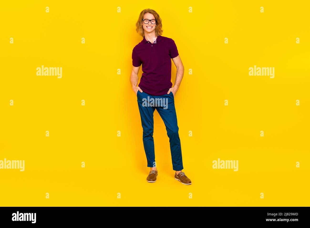 Full length portrait of cheerful glad person put arms pockets toothy ...