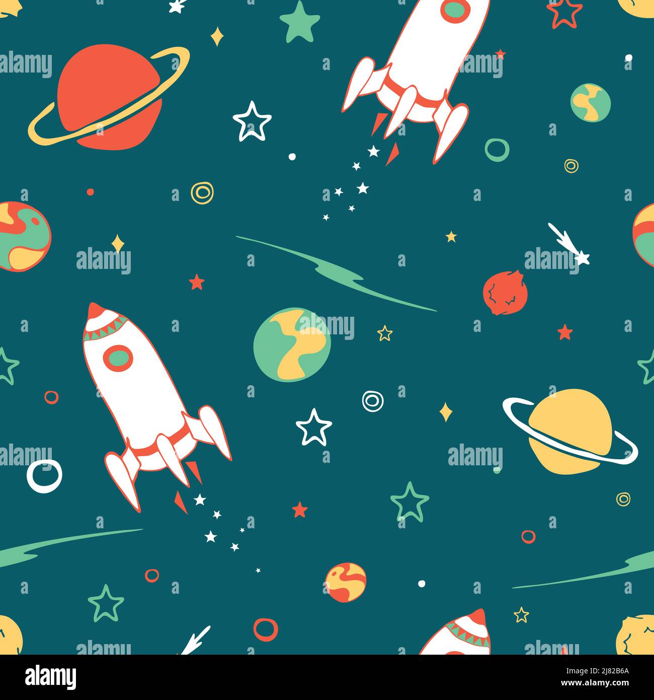 Seamless vector pattern with hand drawn spaceship and planets on green ...