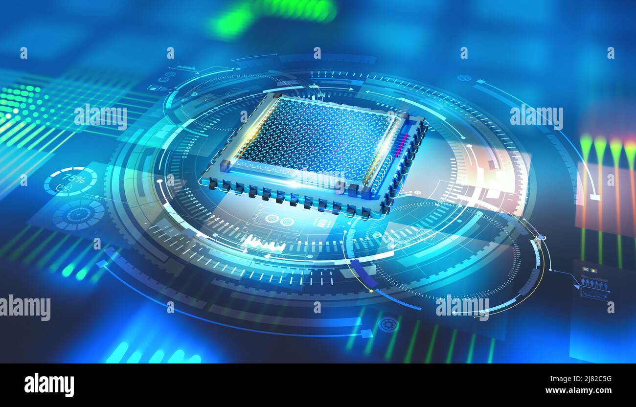 Futuristic CPU. Quantum processor in the global computer network. 3d illustration of digital ...