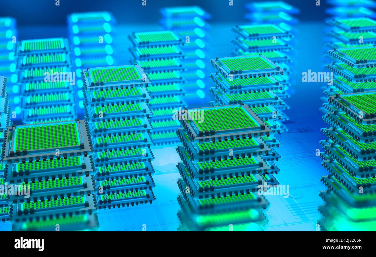 Futuristic Data center. Big Data analytics platform. Quantum processor ...