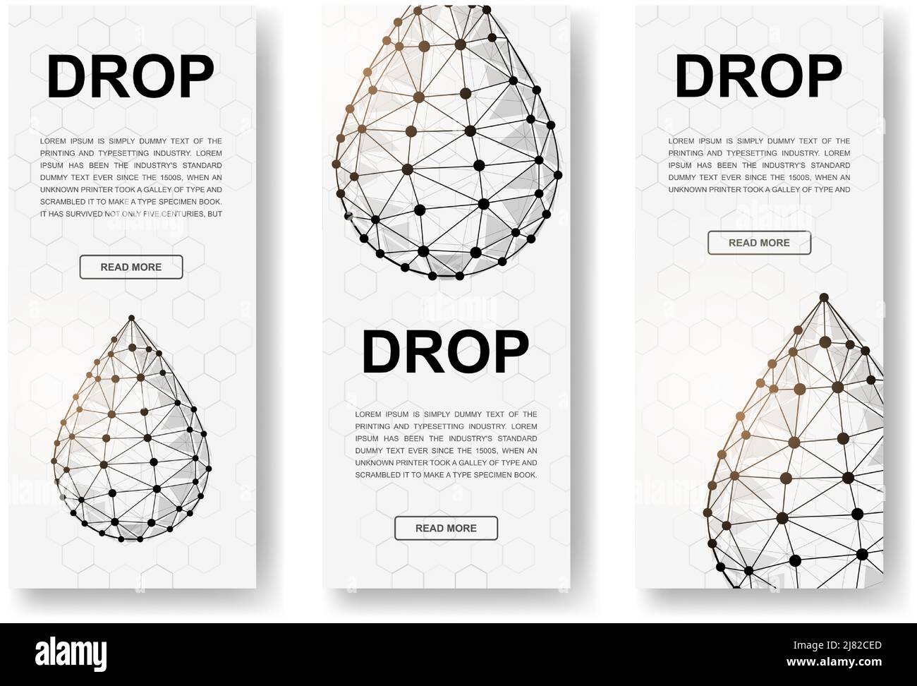 Set of three Water drops polygonal vertical banners. 3d Oil drop low ...