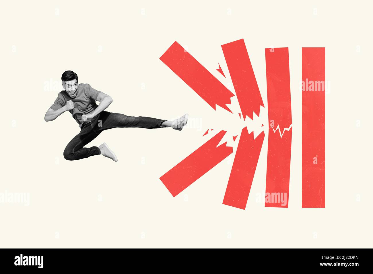 Creative composition of guy kick leg bricks destroy barriers achieving ...