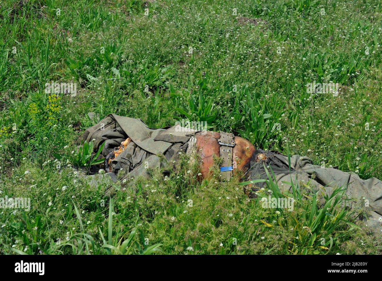 Body of a Russian soldier lying near the road in the Vil'khivka village ...