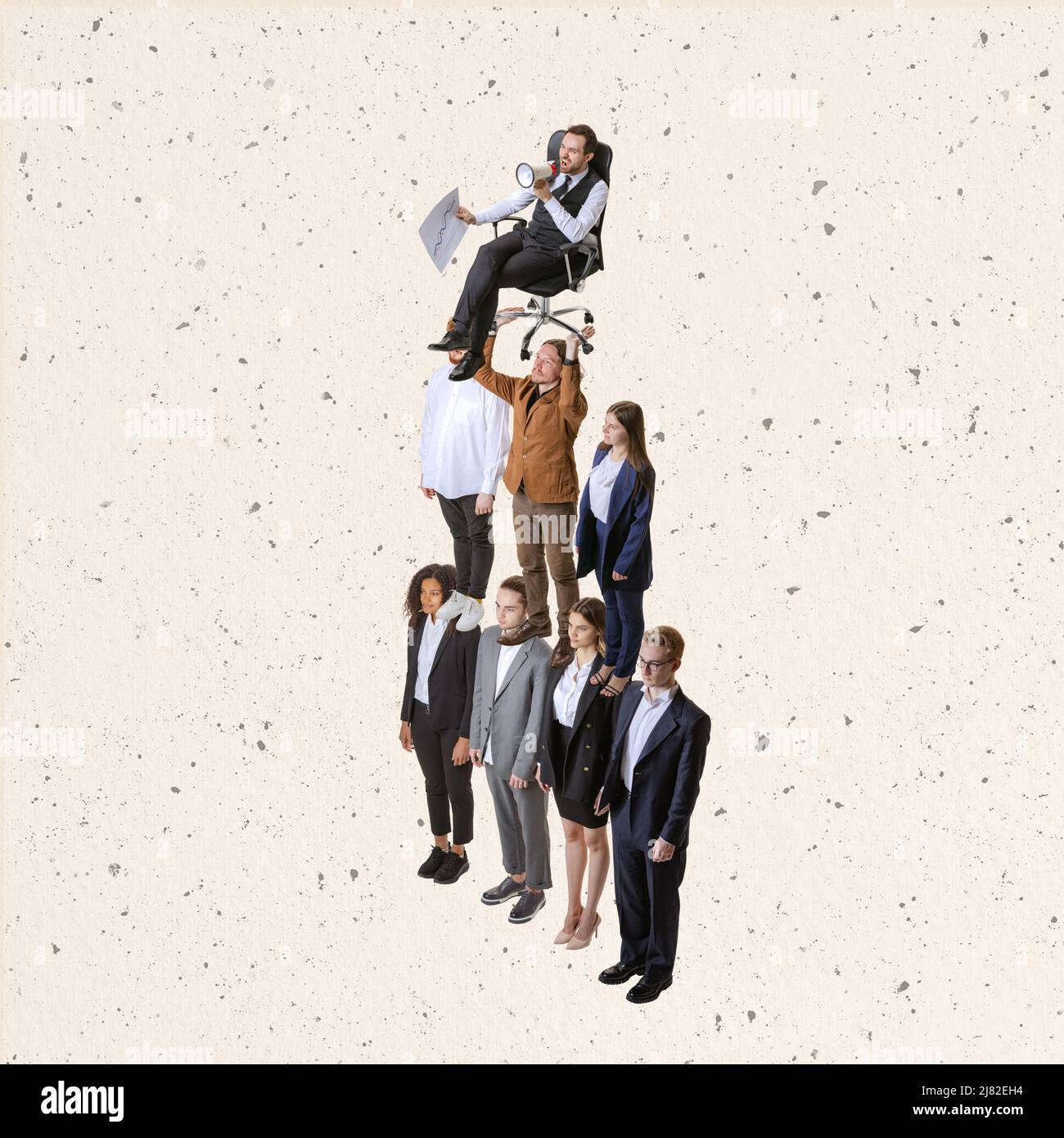 Contemporary art collage. Business people, employees making pyramid ...