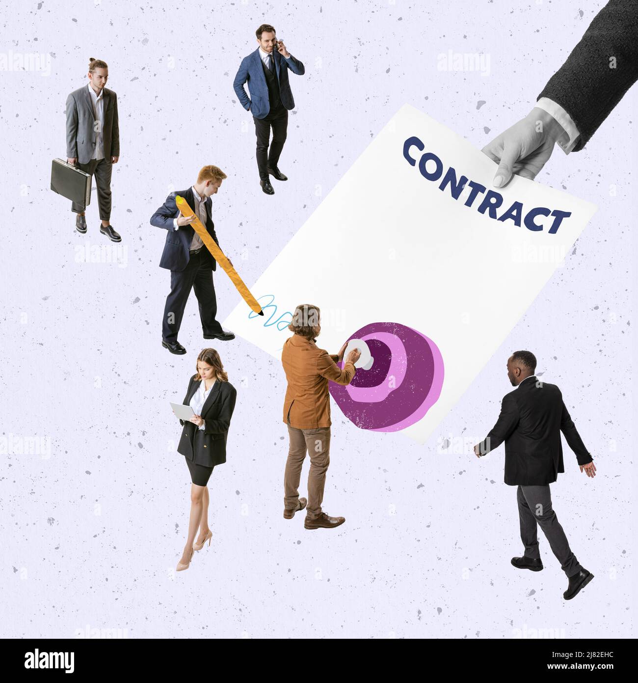 Contemporary art collage. Business People working together on new ...