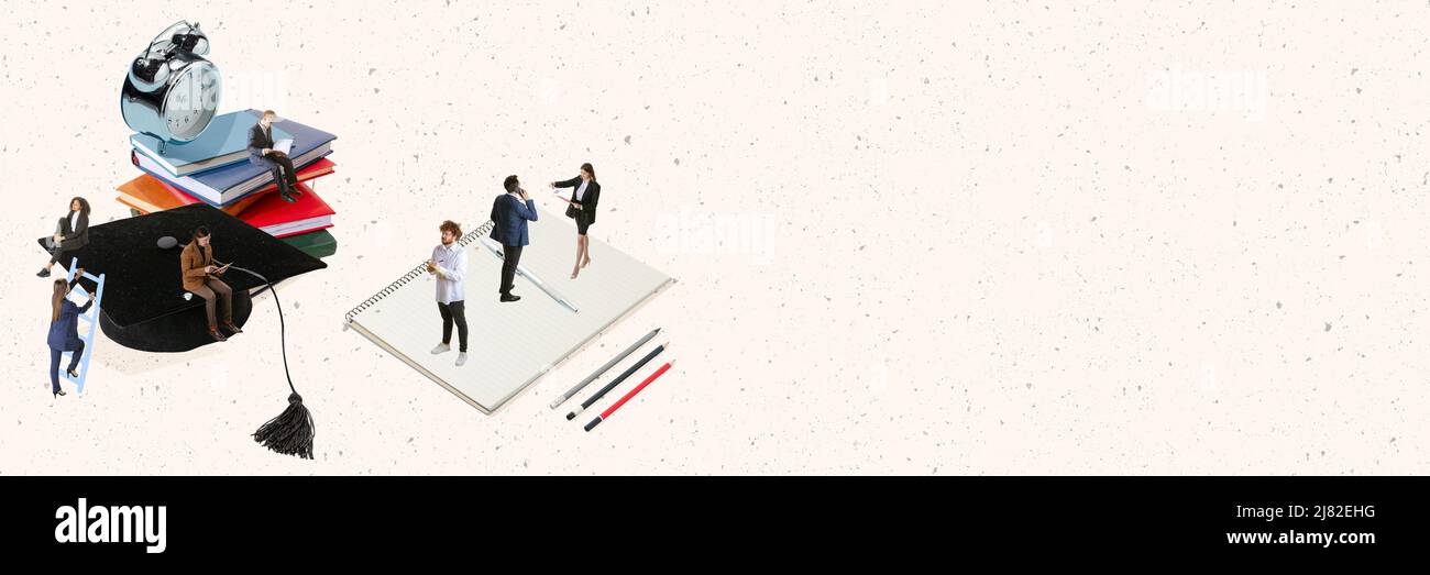 Contemporary art collage. Business people, epmloyees working, doing ...