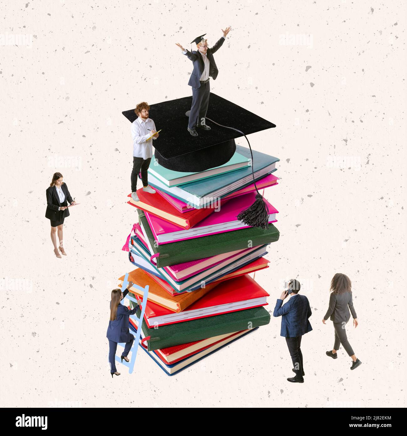 Contemporary art collage. Business people, employees having learning ...
