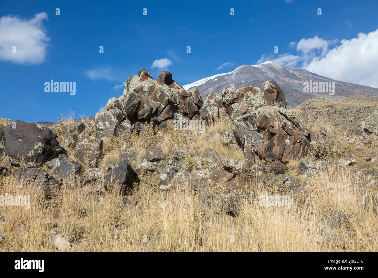 Frozen volcanic lava in the background of the ice cap on the summit of ...