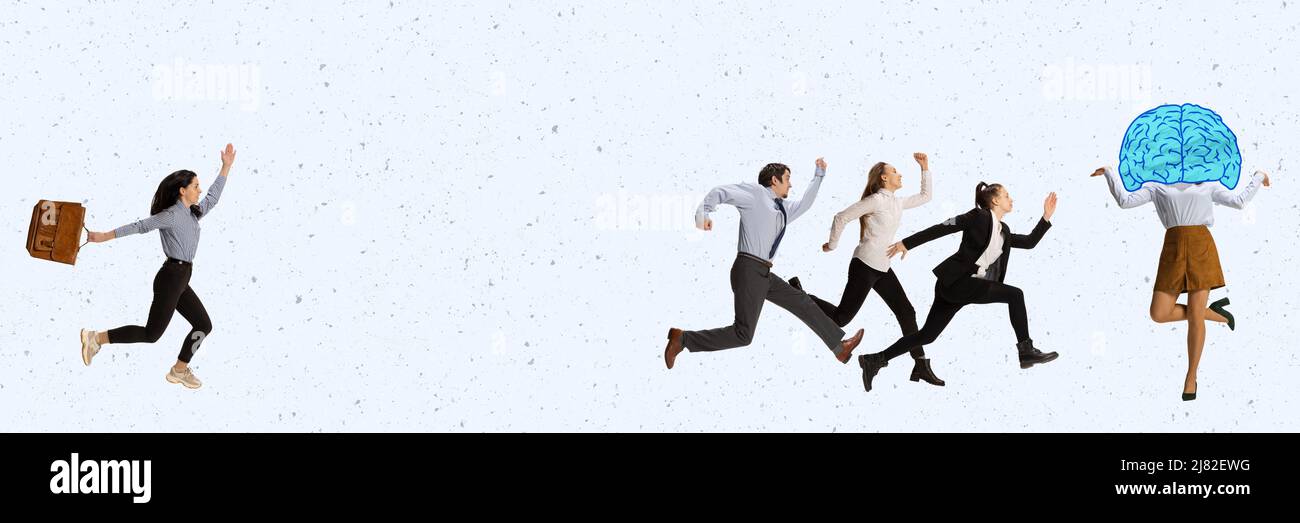 Contemporary art collage. Business people, employees running in ...