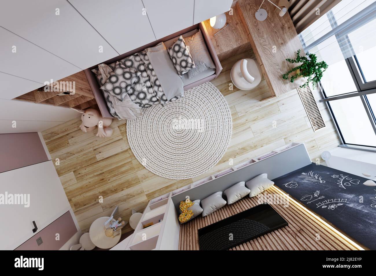 modern girls bedroom with panoramic window and flowers Stock Photo - Alamy