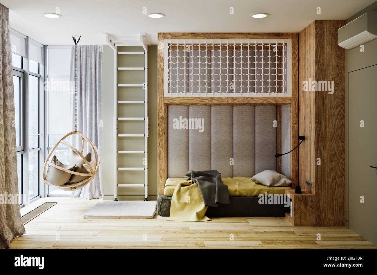 modern boys bedroom with panoramic window and sorts Stock Photo - Alamy