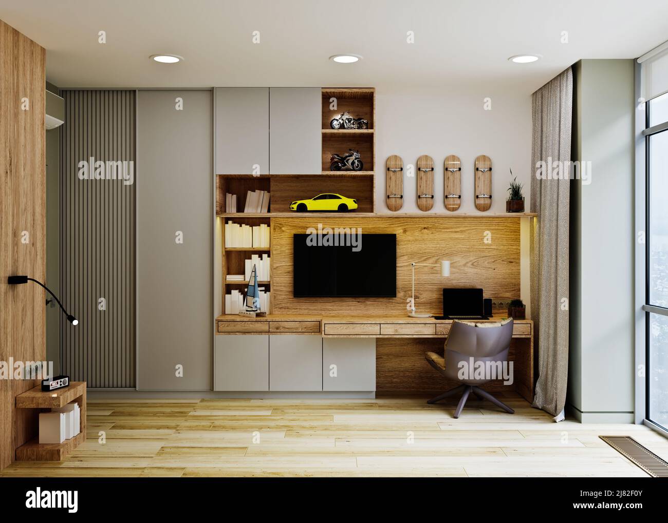 modern boys bedroom with panoramic window and sorts Stock Photo - Alamy