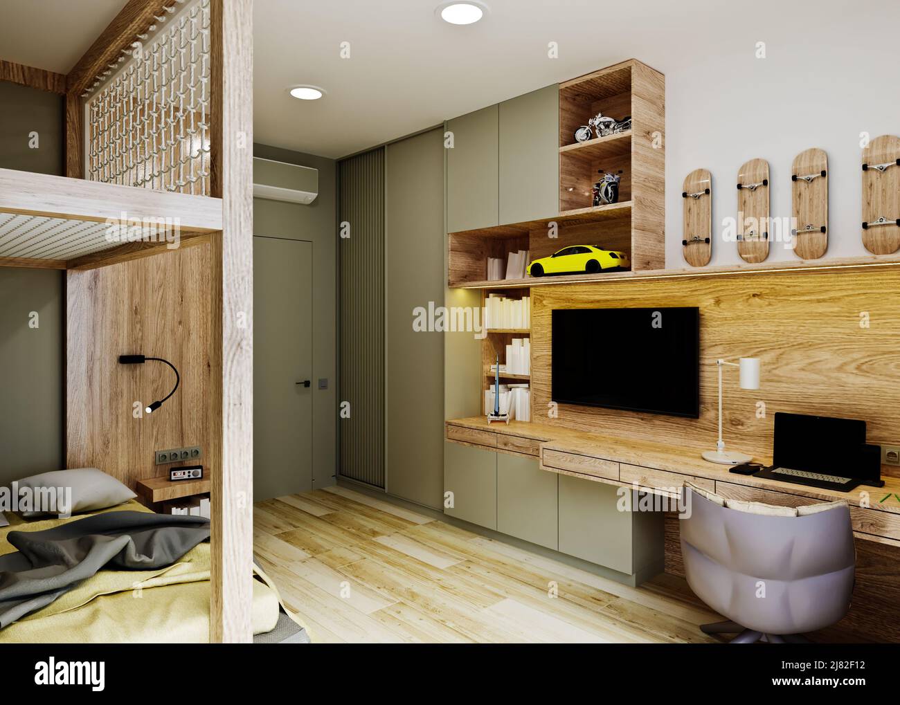 modern boys bedroom with panoramic window and sorts Stock Photo - Alamy