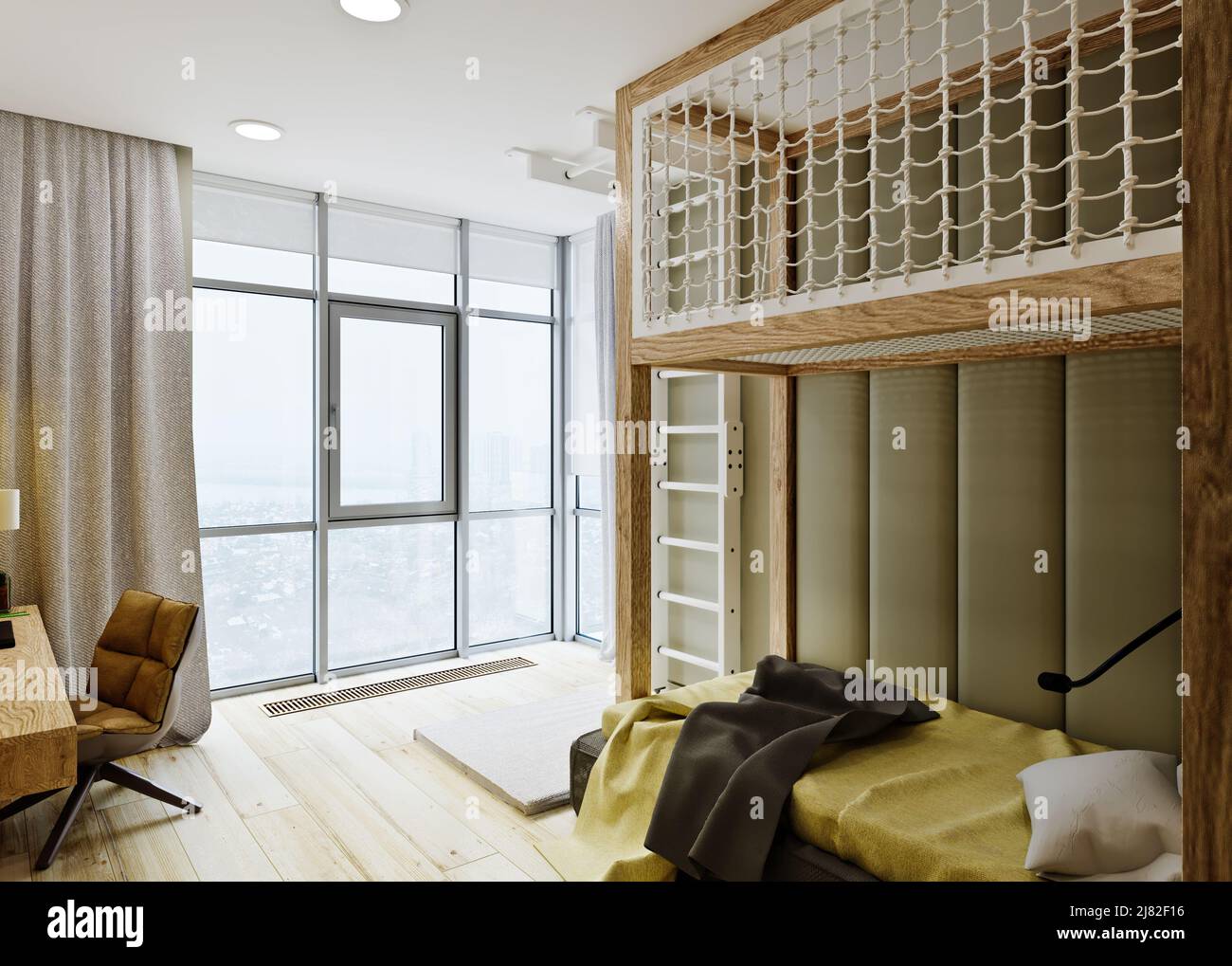 modern boys bedroom with panoramic window and sorts Stock Photo - Alamy