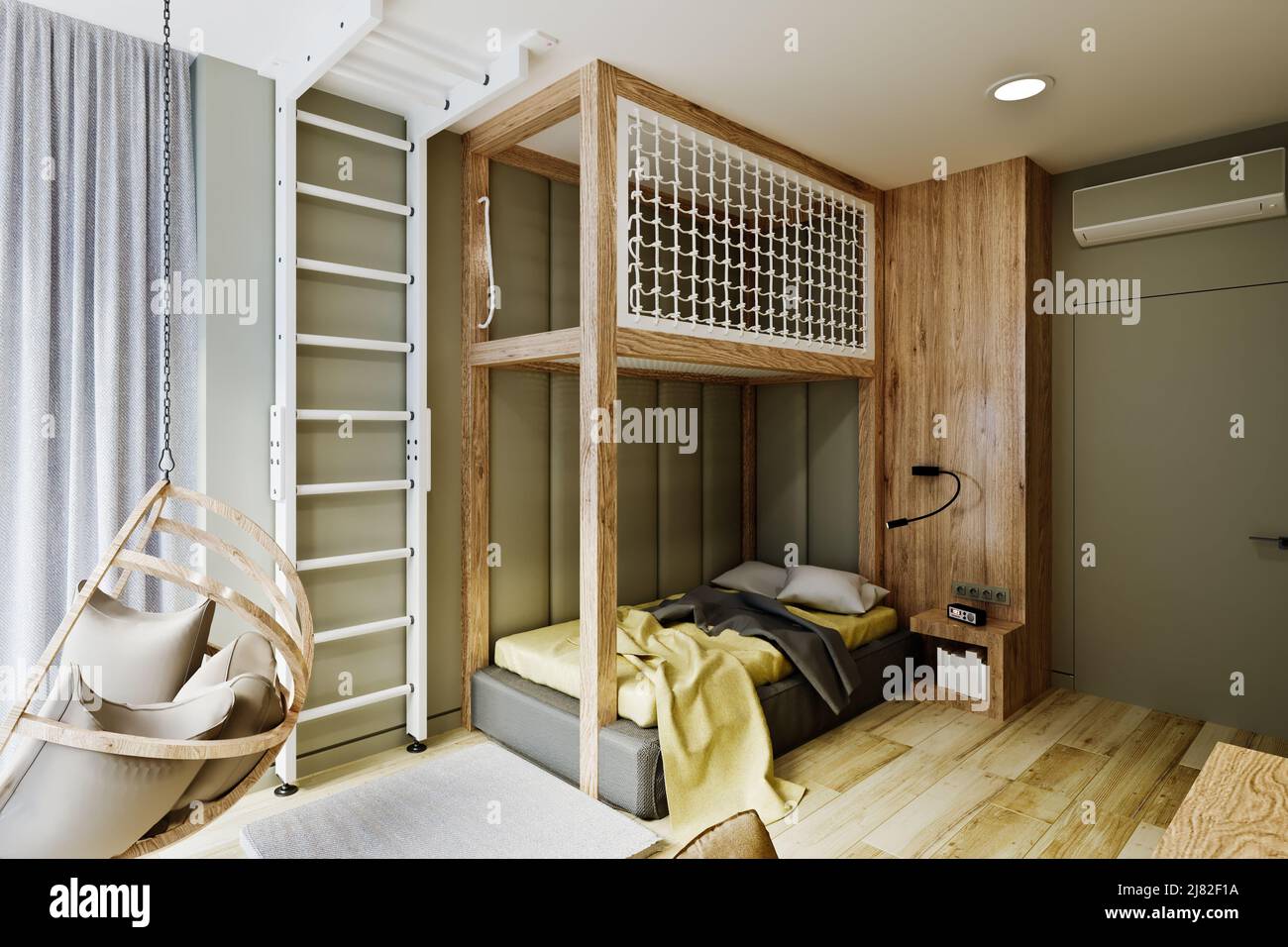 modern boys bedroom with panoramic window and sorts Stock Photo - Alamy