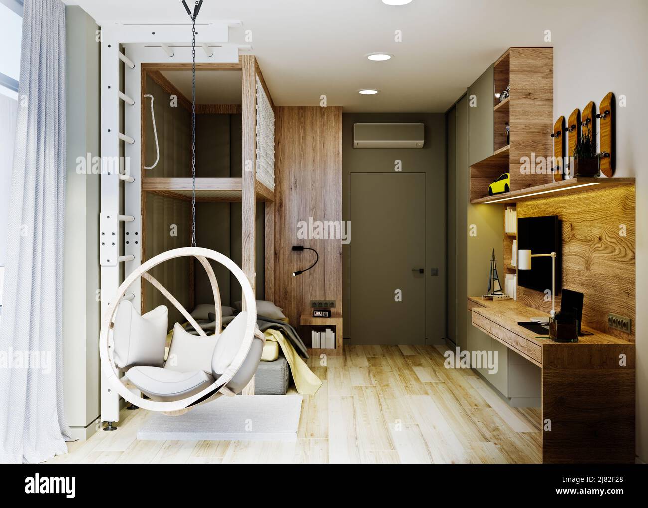 modern boys bedroom with panoramic window and sorts Stock Photo - Alamy