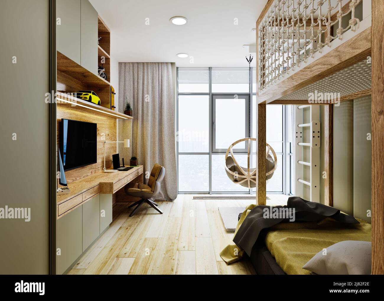 modern boys bedroom with panoramic window and sorts Stock Photo - Alamy