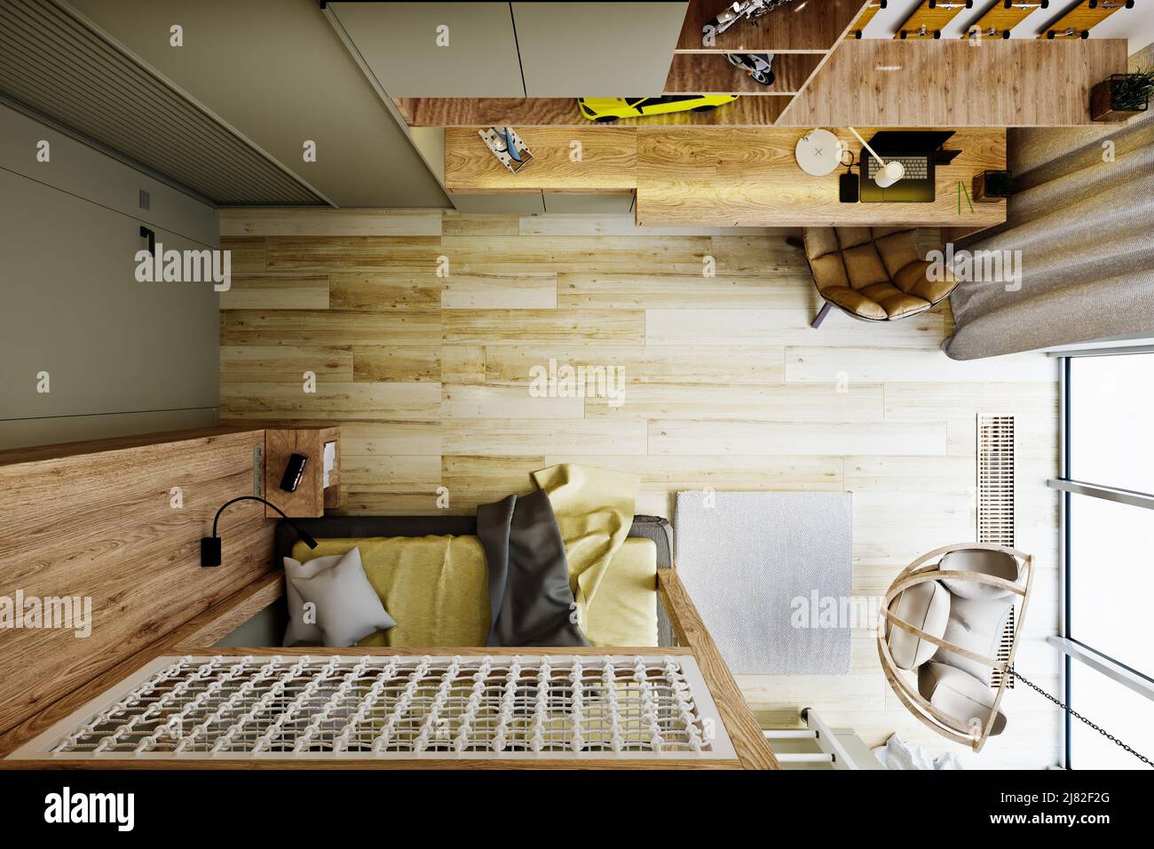 modern boys bedroom with panoramic window and sorts Stock Photo - Alamy