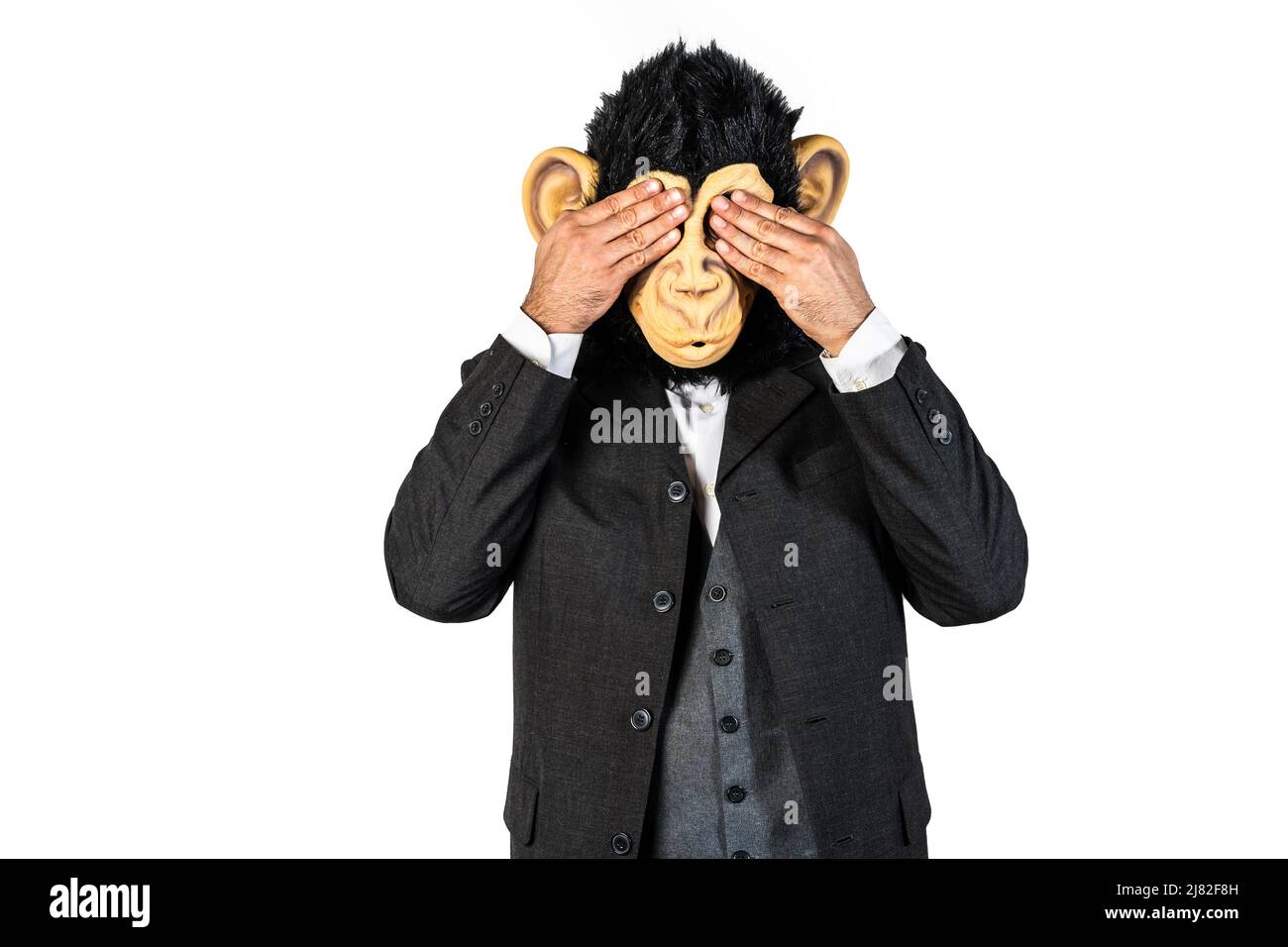 Monkey man hiding his eyes with the hands in a shy gesture Stock Photo ...
