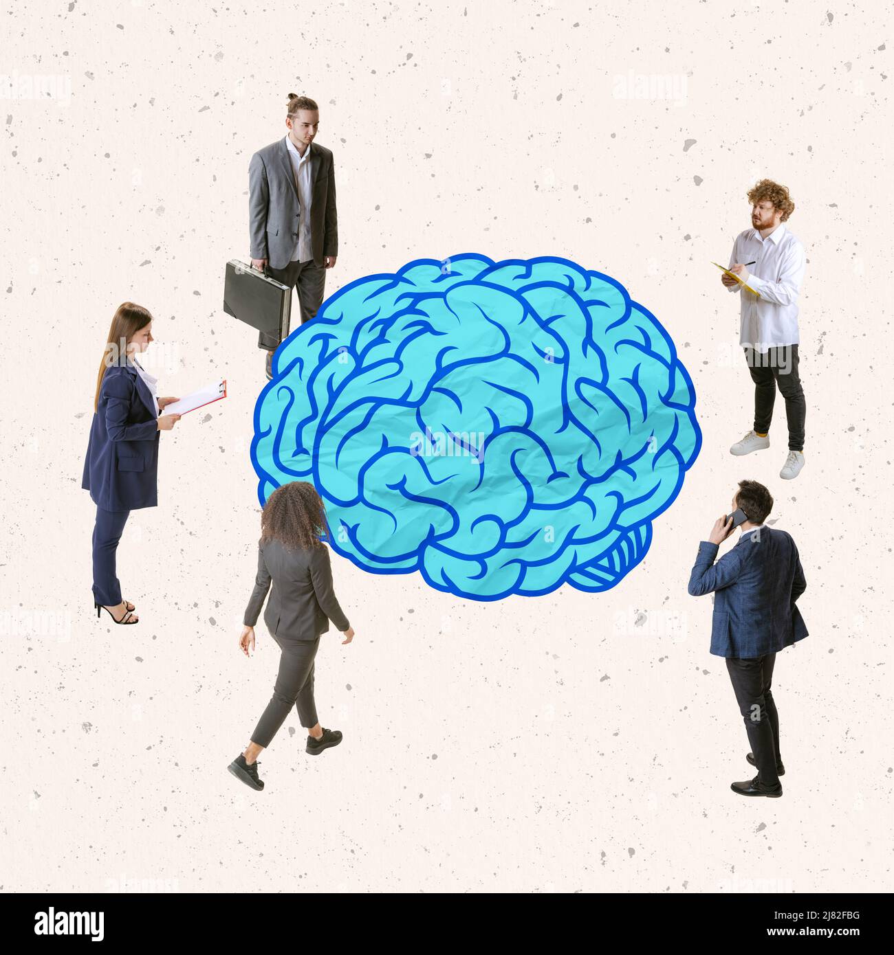 Contemporary art collage. Employees, programmers stanfing around giant ...