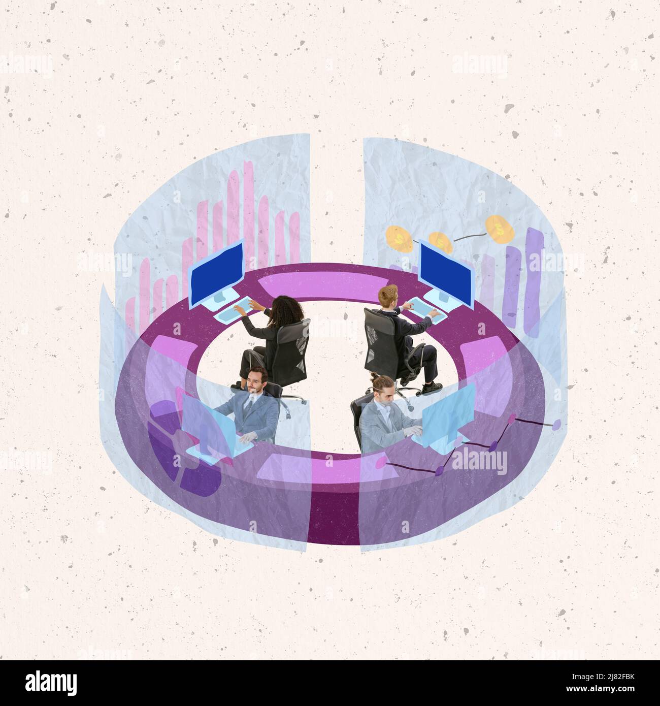 Contemporary art collage. Concentrated employees of analytic ...