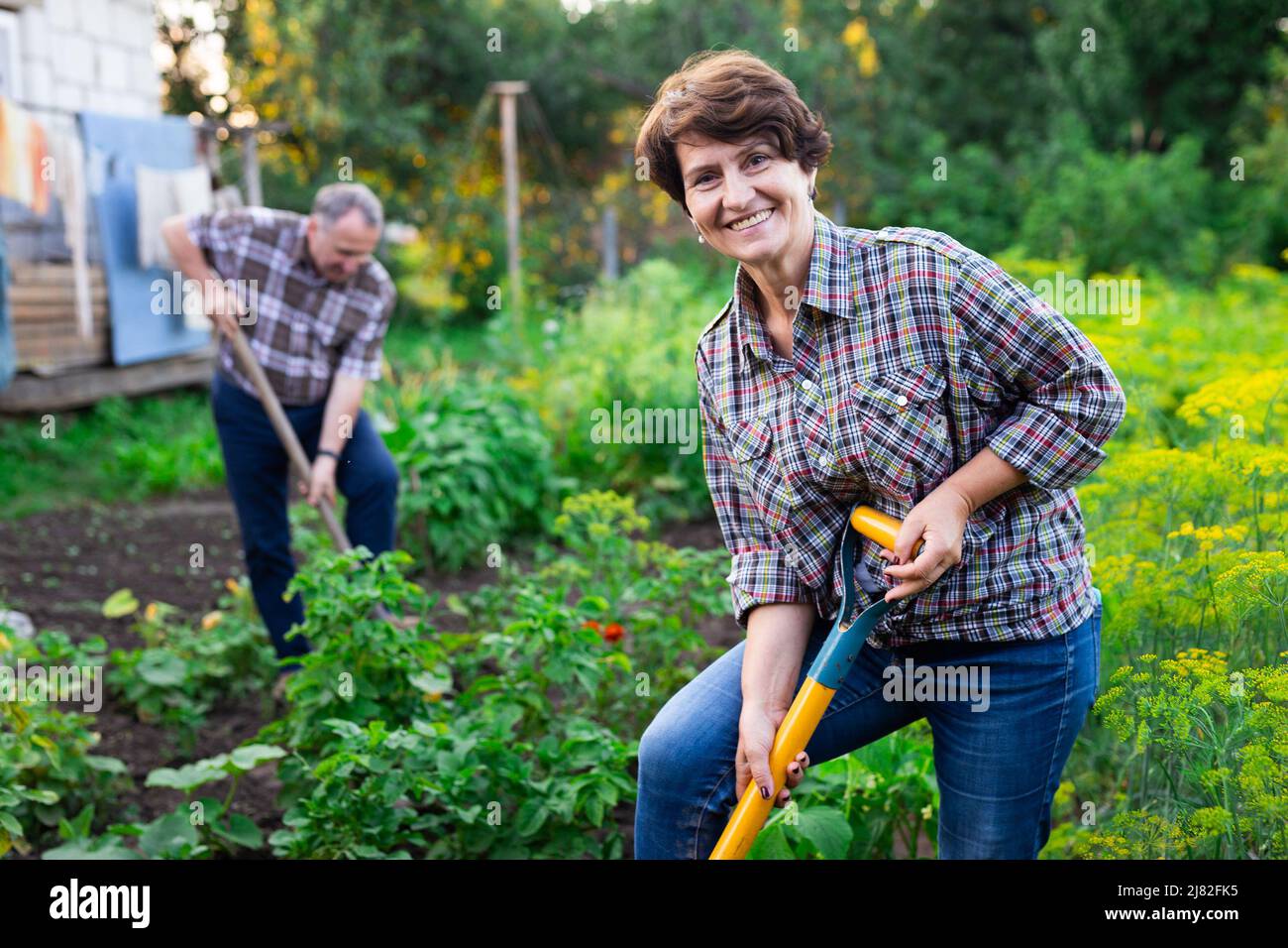 woman farmer posing and digging in her estate garden Stock Photo - Alamy