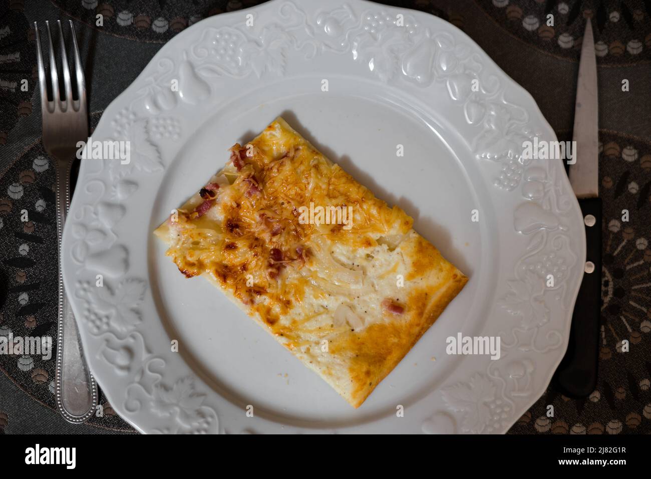 Tarte Flambe. Alsatian pizza. National regional cuisine. France Stock ...