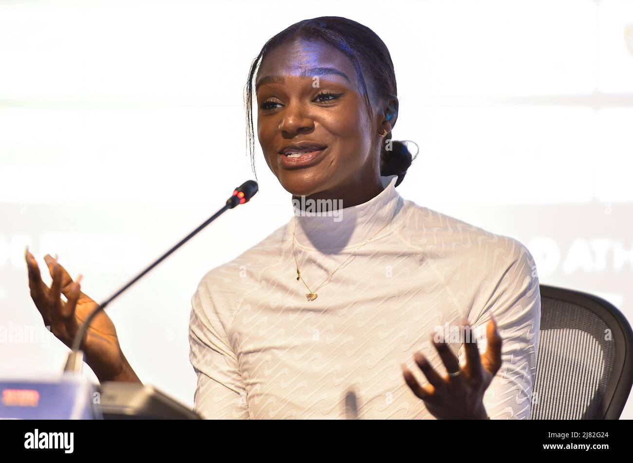 Doha, Qatar. 12th May, 2022. British sprinter Dina Asher-Smith speaks ...