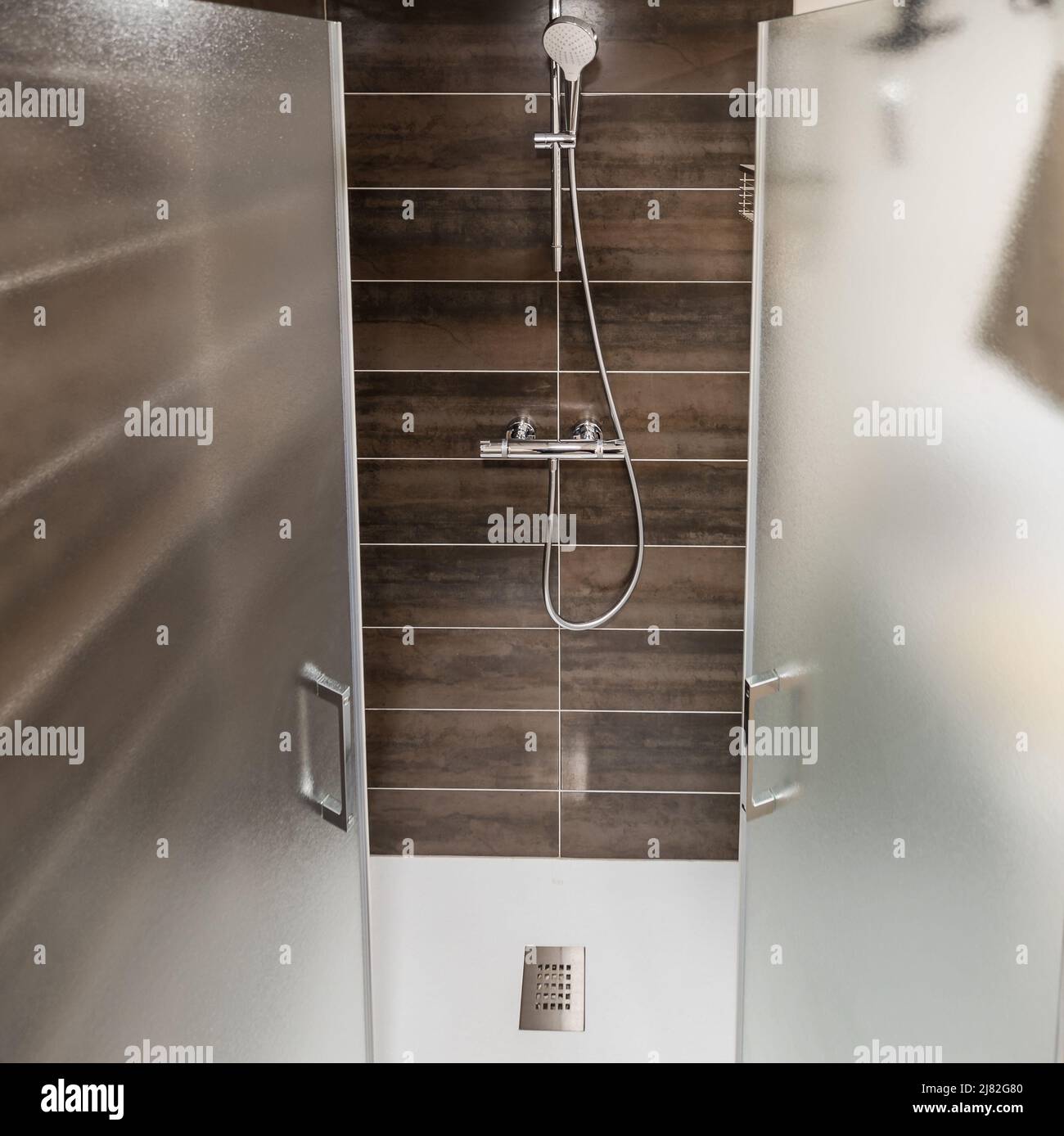 New shower cabin after renovation. Purity and freshness. Construction ...