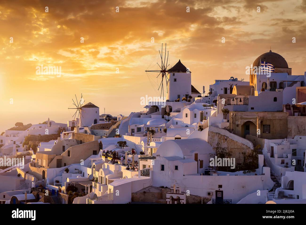 Closeup view of the beautiful windmills of Oia, Santorini island Stock ...
