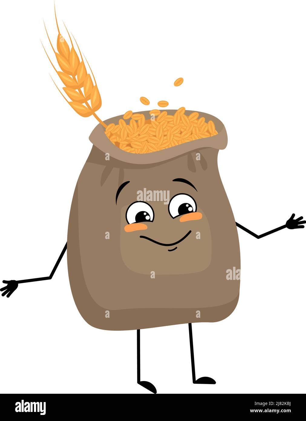 Cute sack of wheat and ear character with joyful emotions, happy face ...