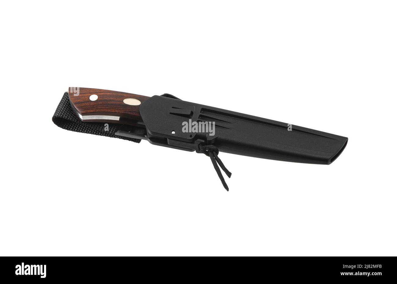 Modern hunting knife with silver blade and rubber handle. Steel arms ...