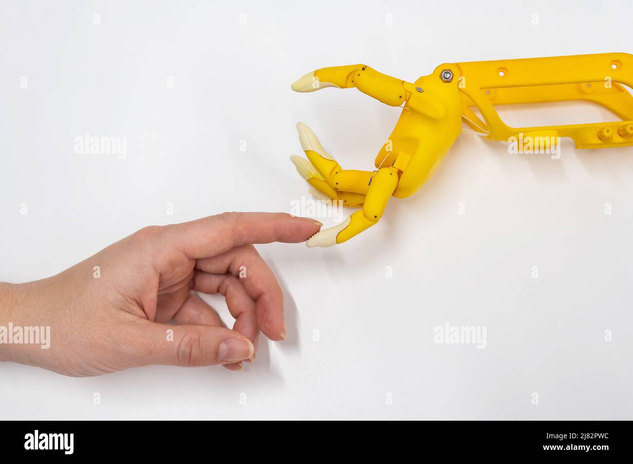 Woman's hand and a plastic hand prosthesis for a child on a white ...