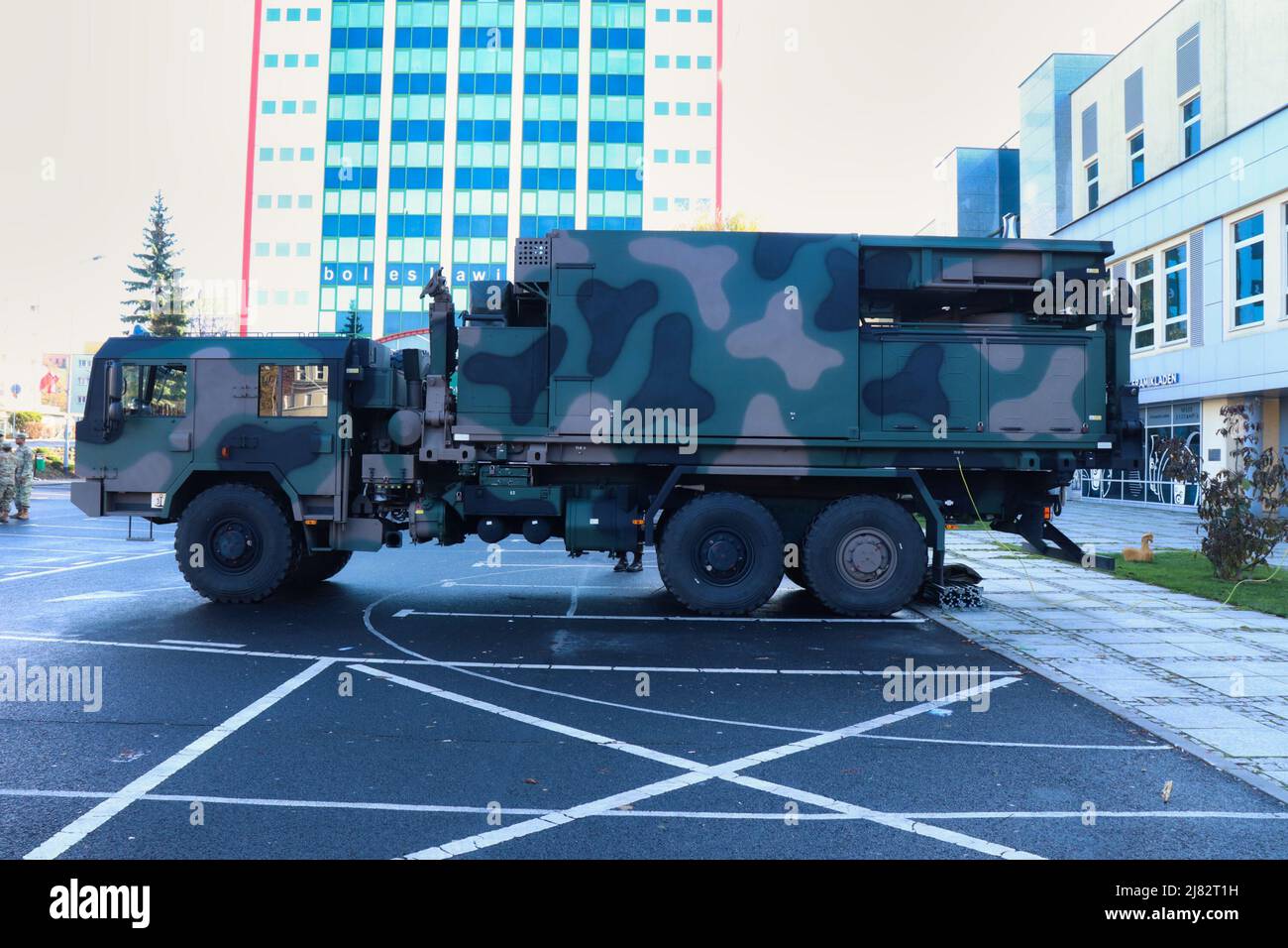 Large Polish military truck in a parking lot in downtown Boleslawiec ...