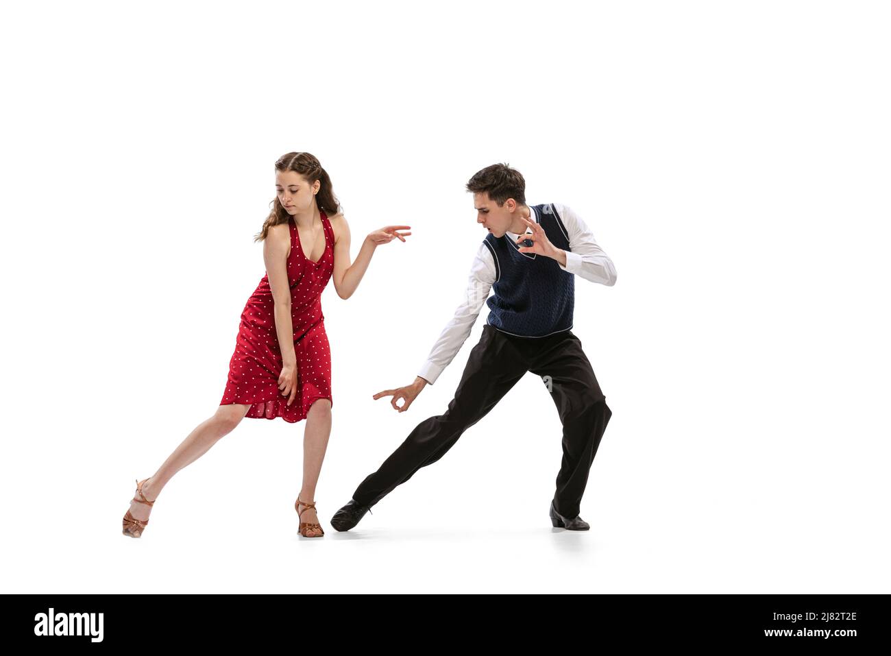 Beautiful girl and stylish man in vintage retro style outfits dancing ...