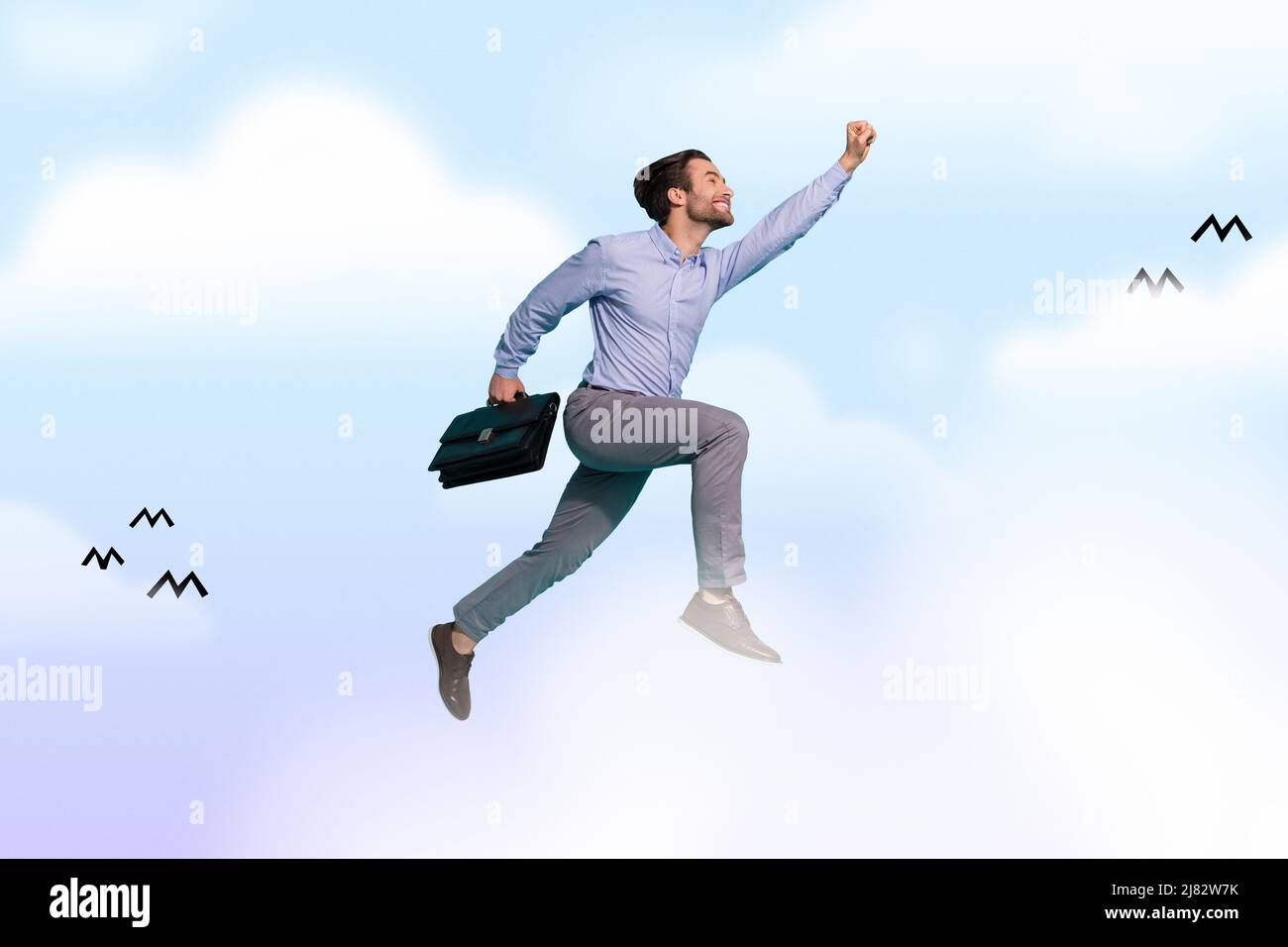 Collage photo illustration on trendy painted sky line background ...