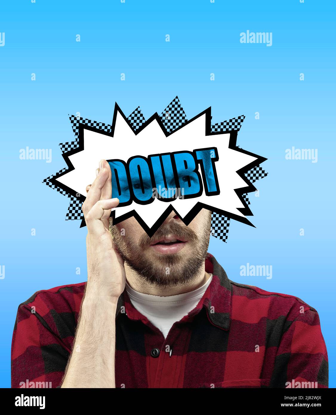 Contemporary art collage of man with word doubt instead eyes isolated ...