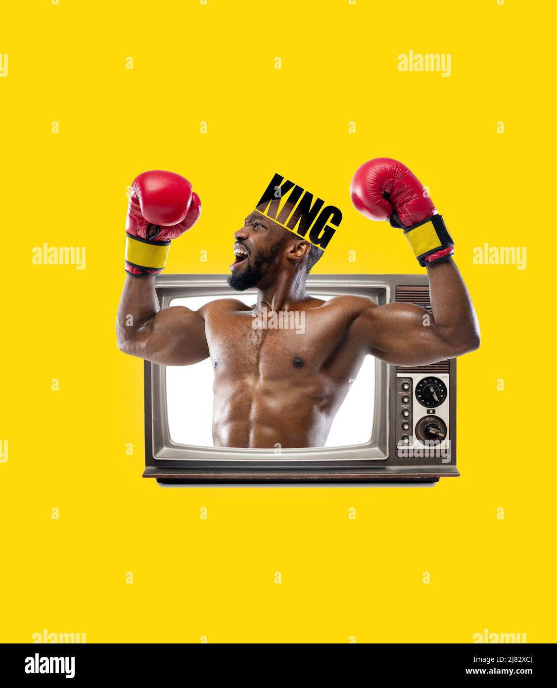 Happy strong man, boxer sticking out from retro tv set isolated on ...