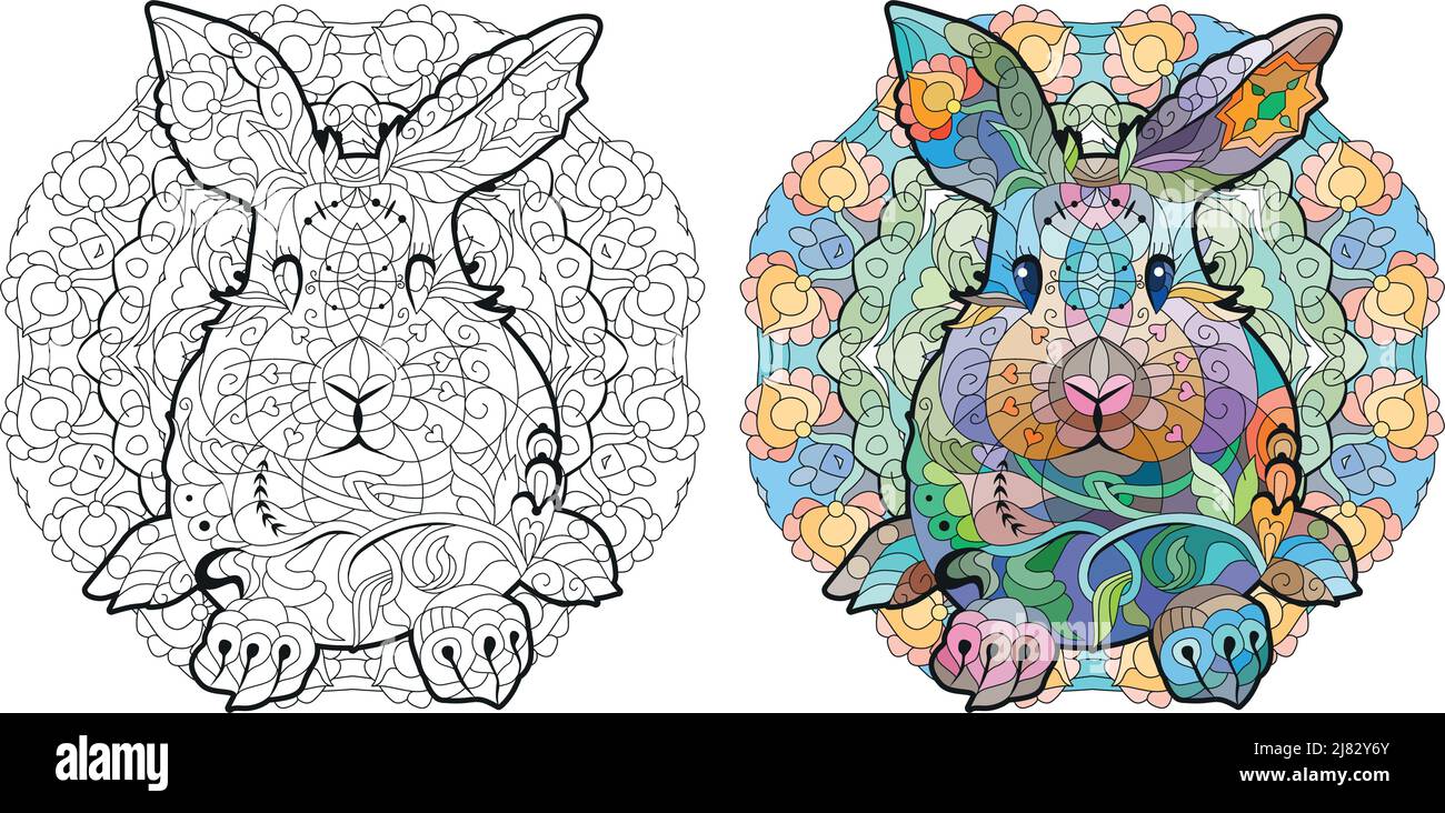 Spring rabbit on mandala. Coloring page for adult and children. Easter ...
