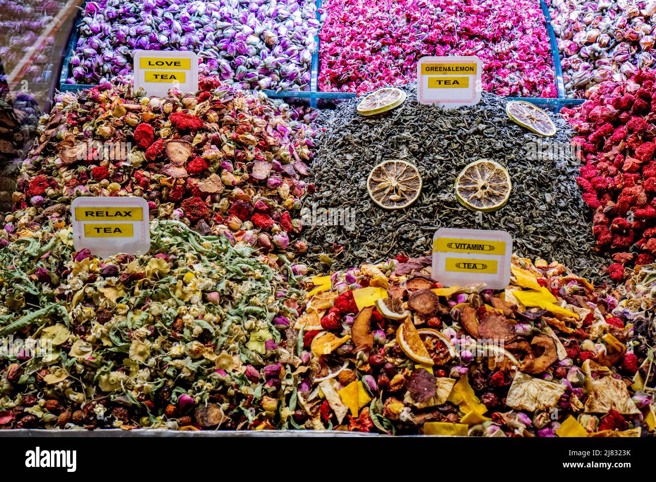 Closeup of the various teas on the market in Istanbul, Turkey Stock ...