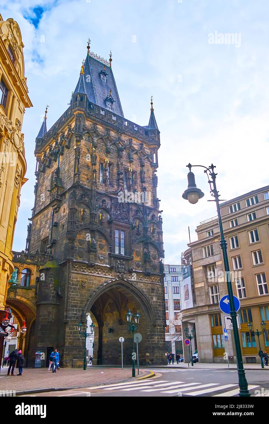 PRAGUE, CZECH REPUBLIC - MARCH 5, 2022: The medieval Powder Tower with arched gate, stone ...