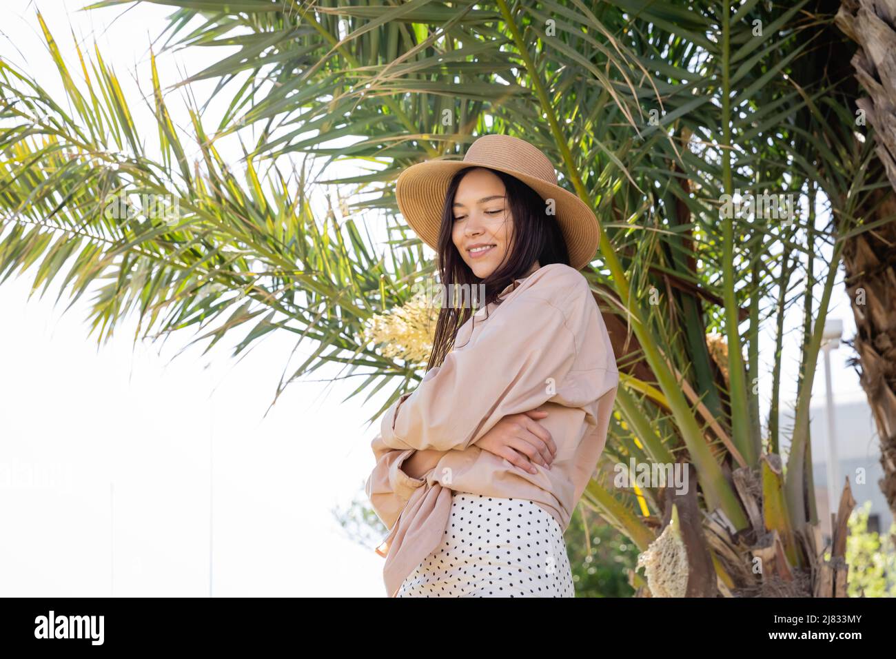 Woman standing under palm tree hi-res stock photography and images - Alamy