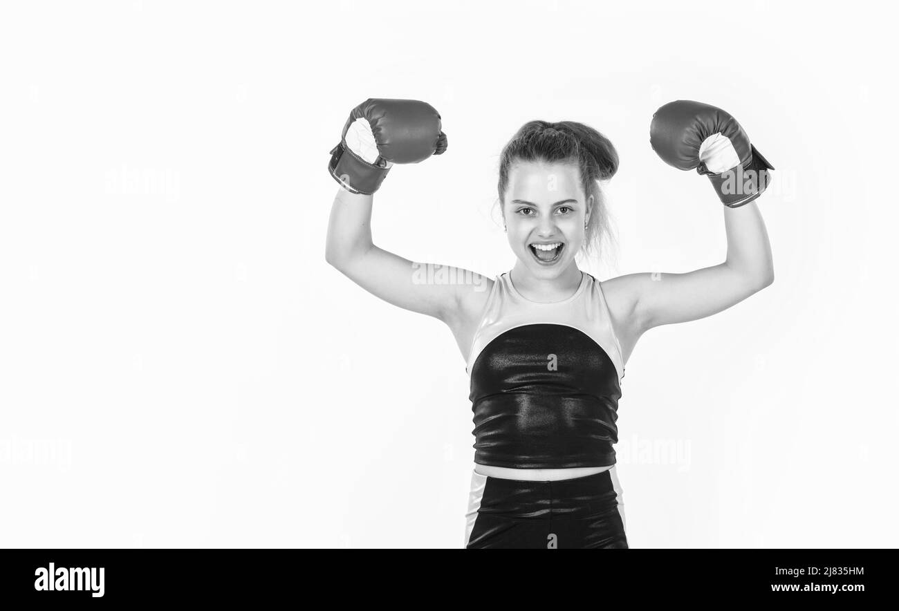 teen girl boxer training in boxing gloves, copy space, winner Stock ...